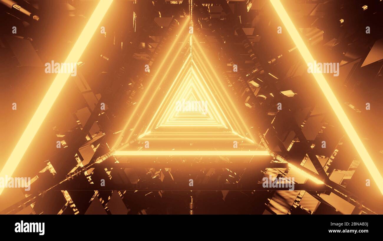 3D rendering of trippy triangular hallway illustration in dark gold ...
