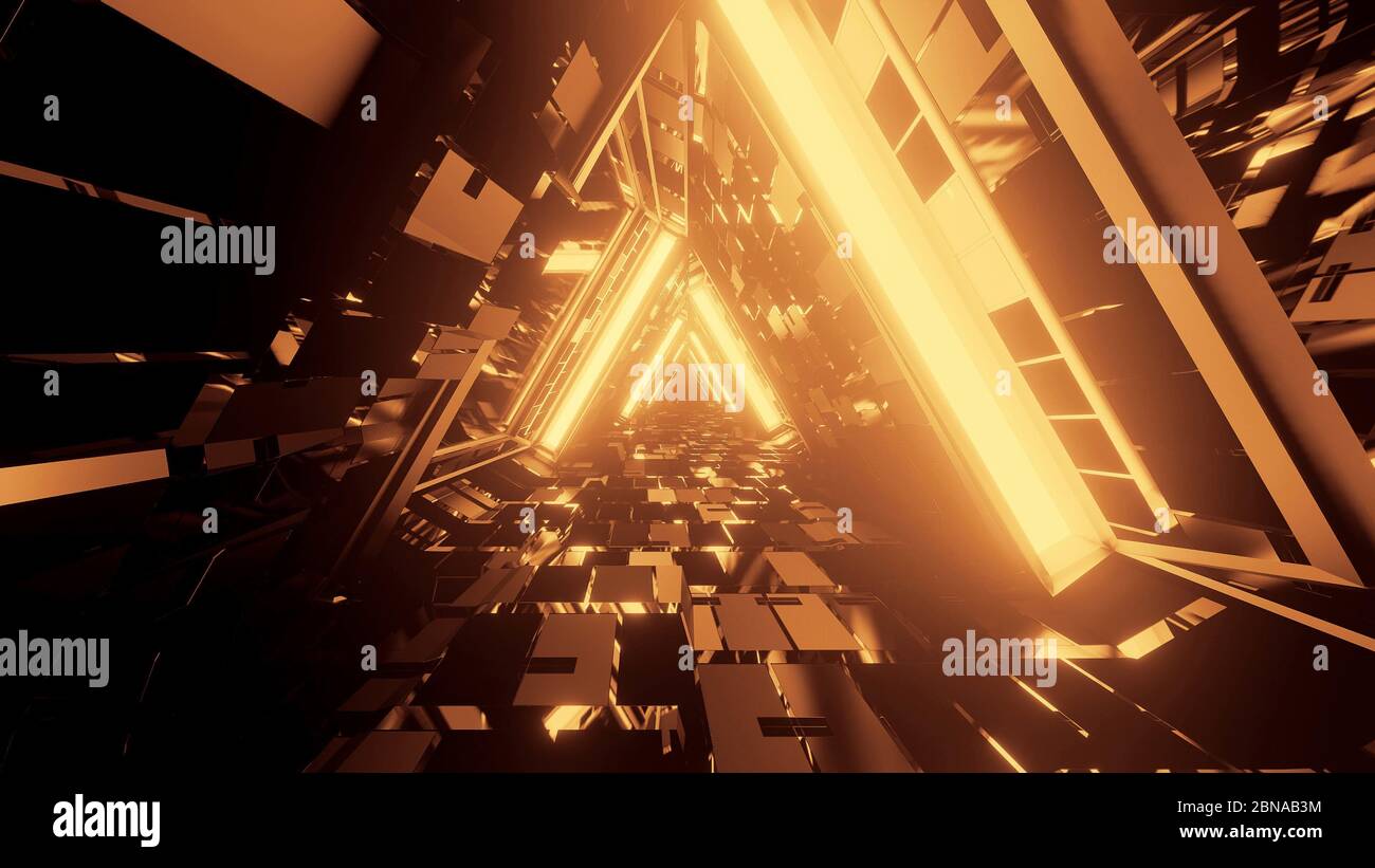 3D rendering of trippy triangular hallway illustration in dark gold ...