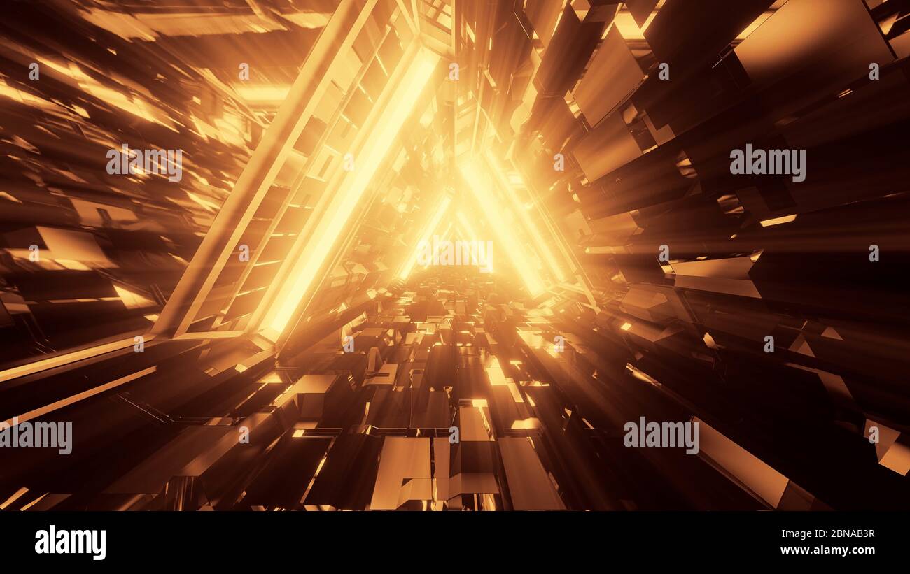 3D rendering of trippy triangular hallway illustration in dark gold ...