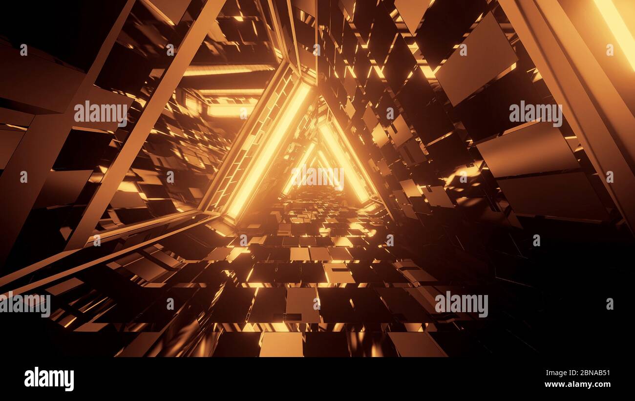 3D rendering of trippy triangular hallway illustration in dark gold ...