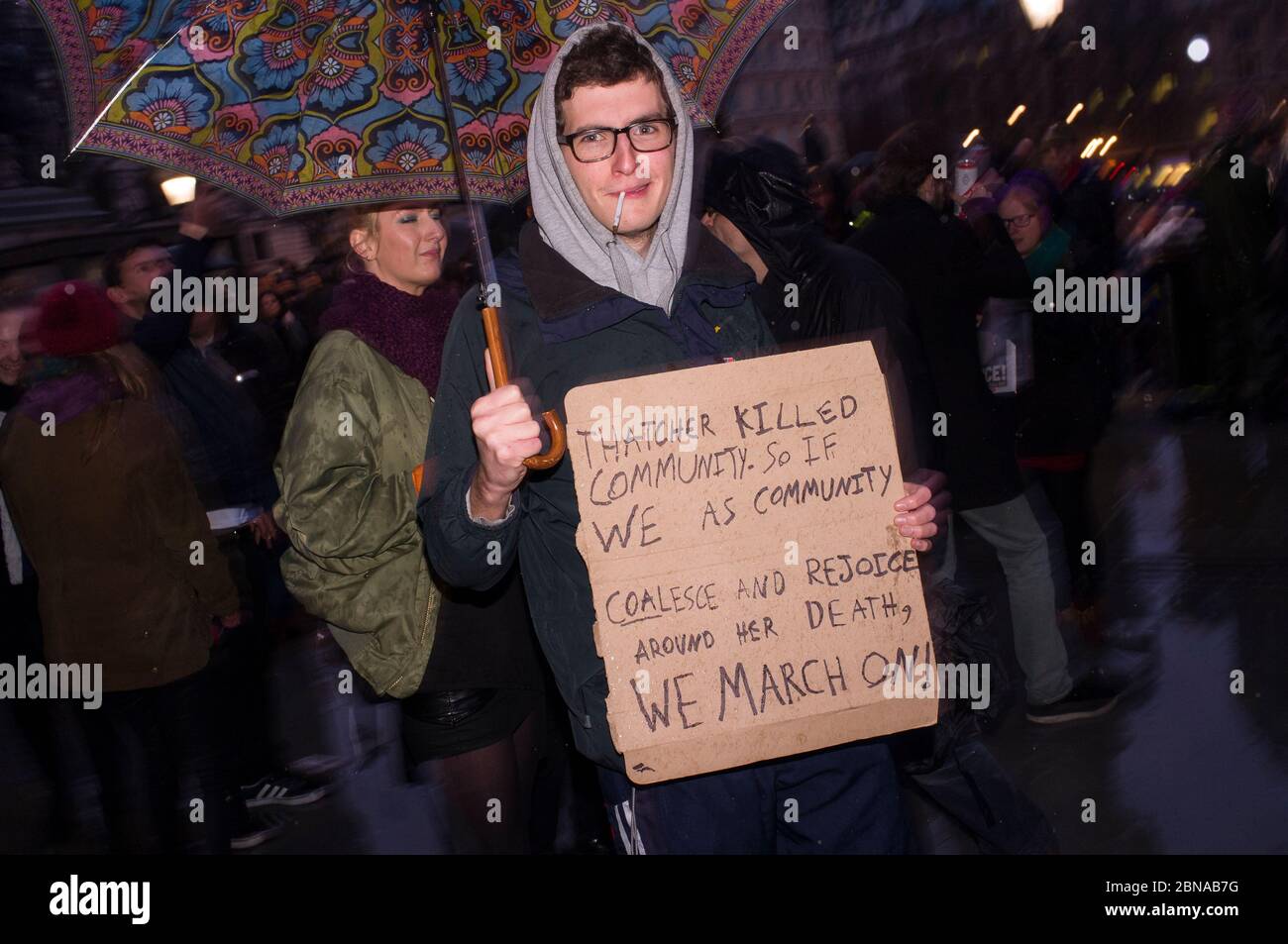 Anti Baroness Thatcher protests celebrating her death, Trafalgar Square ...