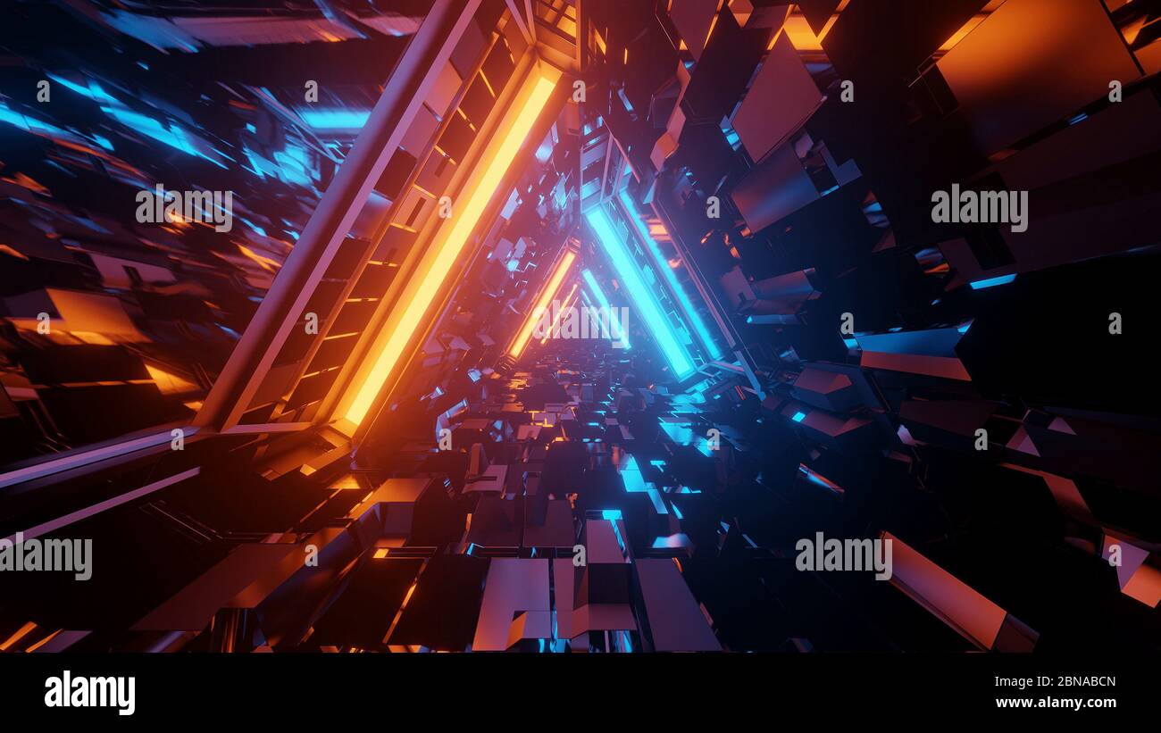 3D rendering of a trippy triangular hallway in blue and orange colors ...