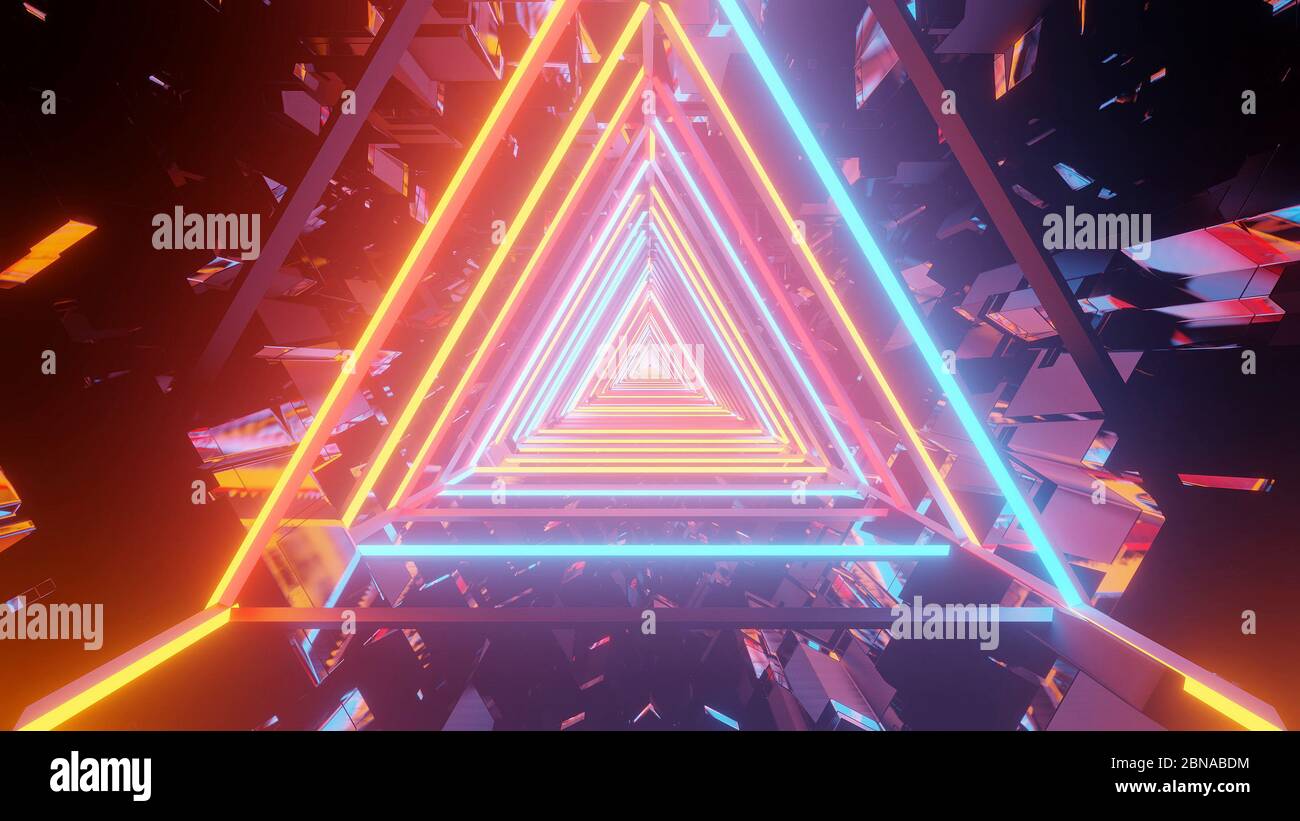 3D rendering of multicolored triangular lights condensing into a single ...