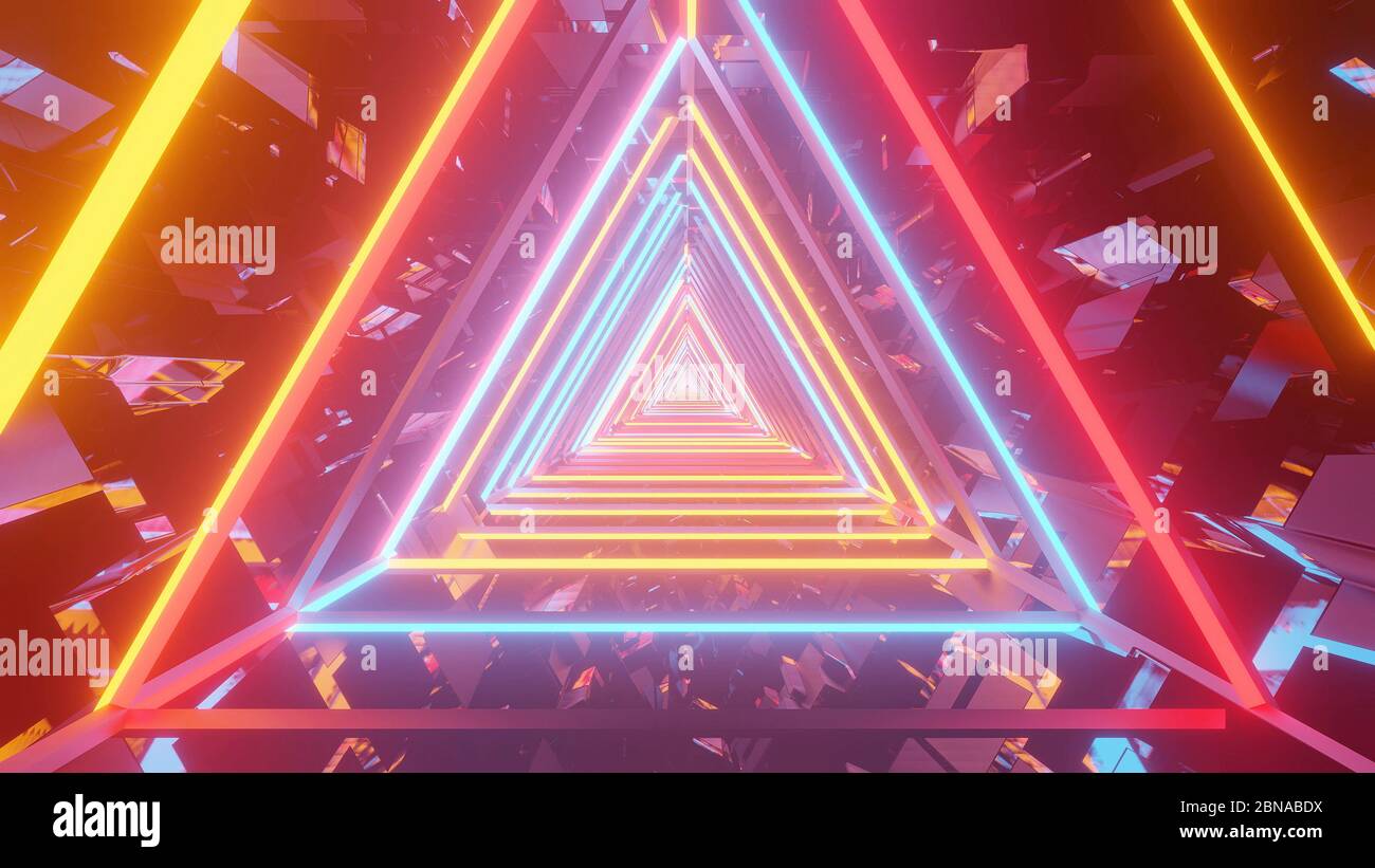 3D rendering of multicolored triangular lights condensing into a single ...