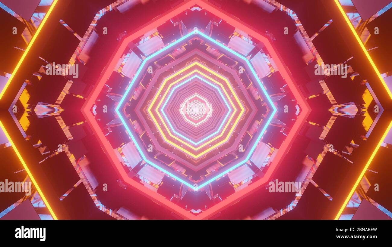 3D rendering of multicolored lights in a polygonal shape condensing ...