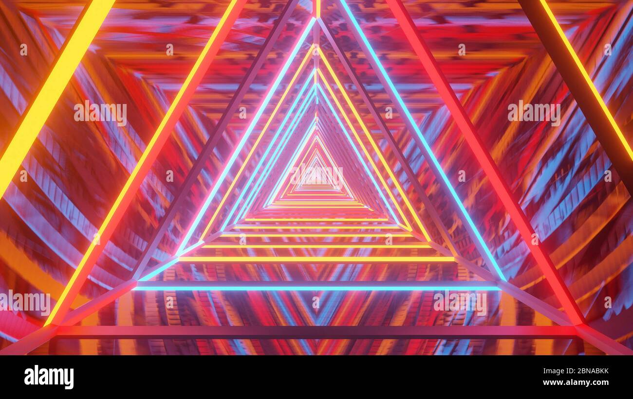 3D rendering of multicolored lights in a triangular pattern condensing ...