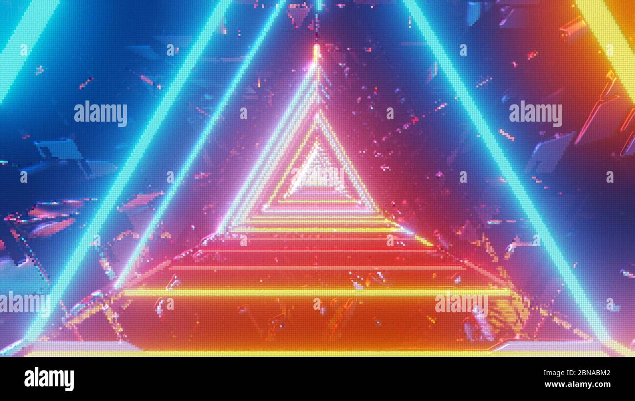 3D rendering of multicolored lights in a triangular pattern condensing ...