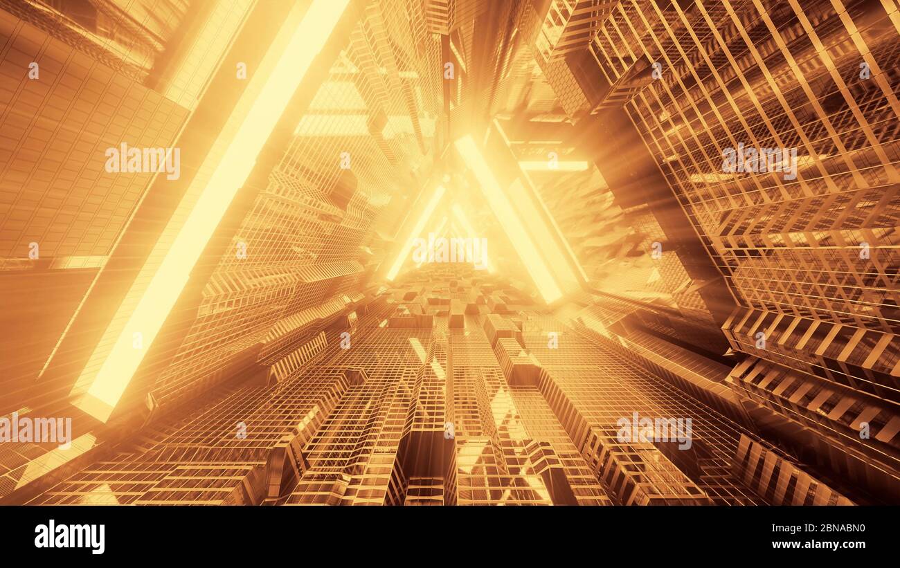 3D rendering of a trippy triangular hallway in gold colors Stock Photo ...