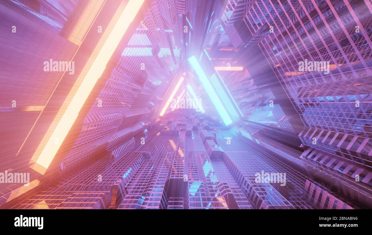 3D rendering of a trippy triangular hallway in bright blue and orange ...