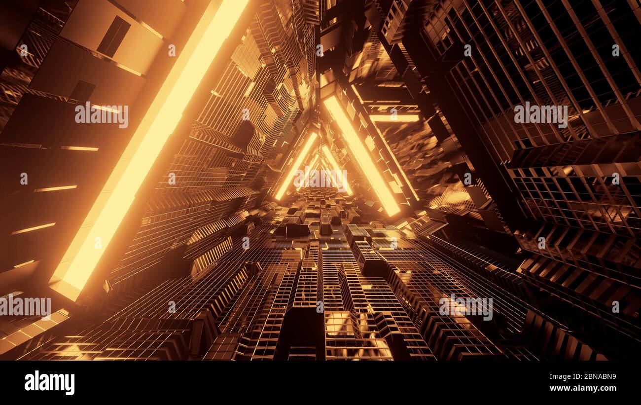 3D rendering of a trippy triangular hallway in gold colors Stock Photo ...
