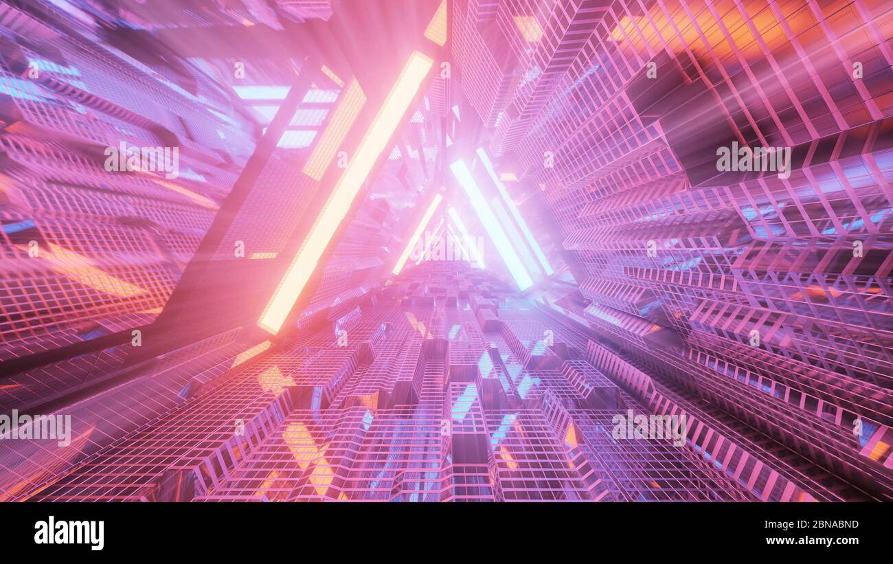 3D rendering of a trippy triangular hallway in bright blue and orange ...