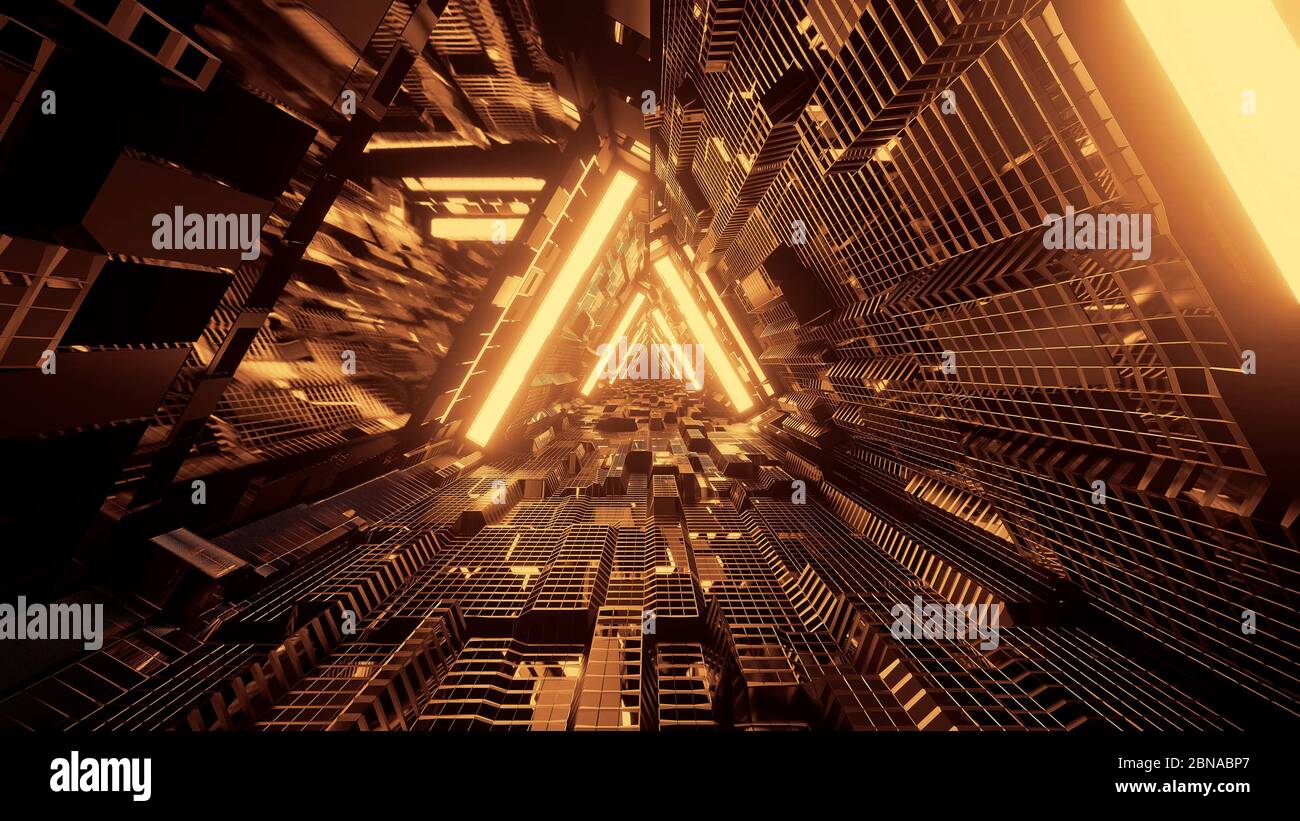 3D rendering of a trippy triangular hallway in gold colors Stock Photo ...