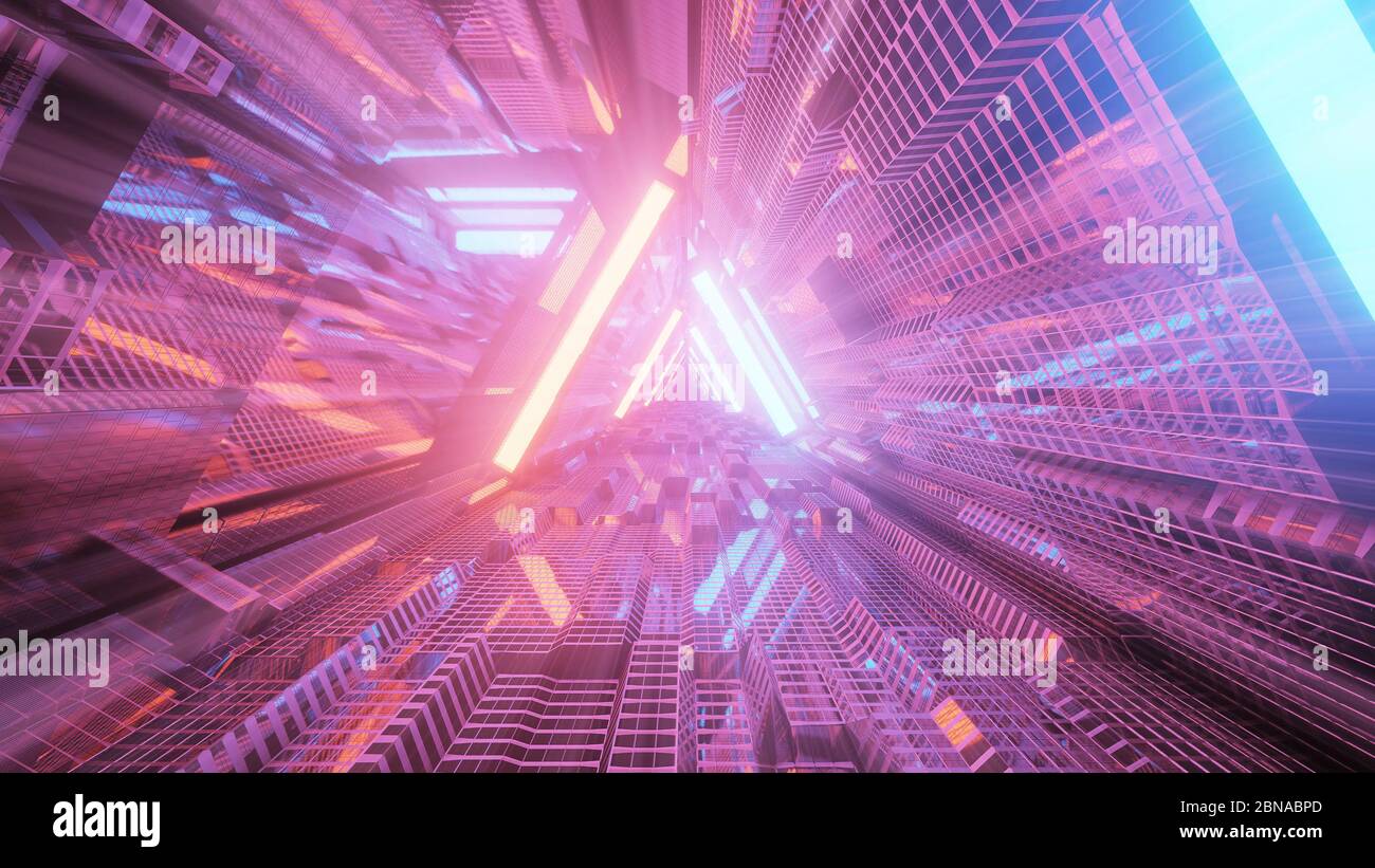 3D rendering of a trippy triangular hallway in bright blue and orange ...