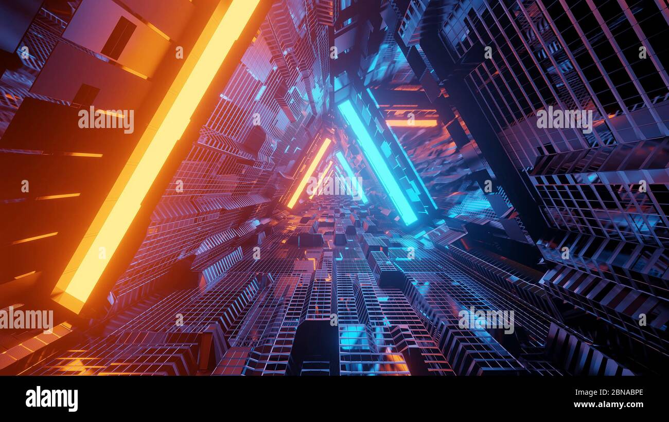 3D rendering of a trippy triangular hallway in blue and orange colors ...
