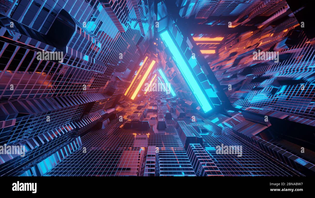 Rendering of trippy triangular hallway illustration in blue and orange ...