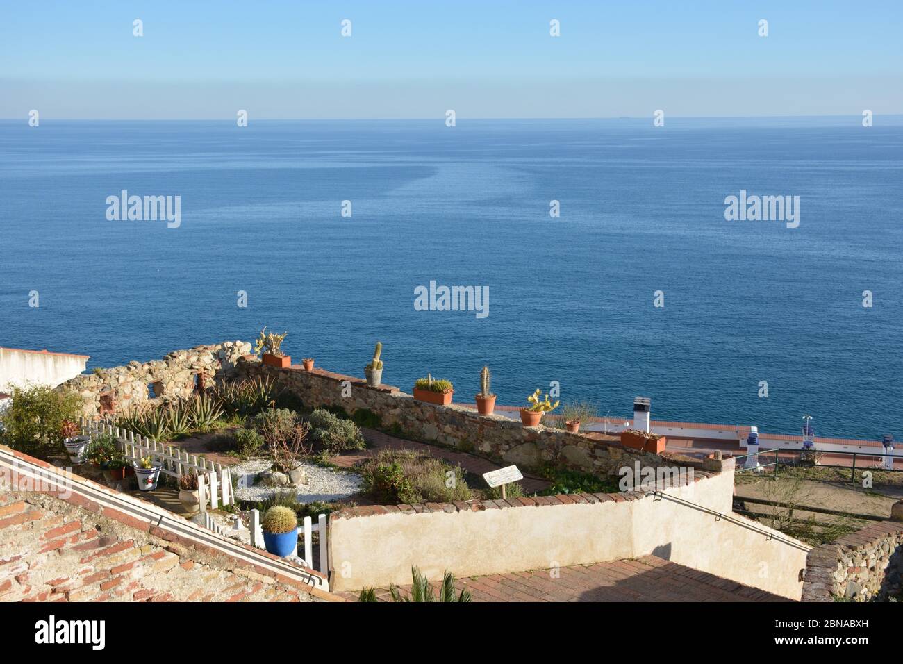 Amazing view of a coastline terrace on limitless ocean background Stock ...