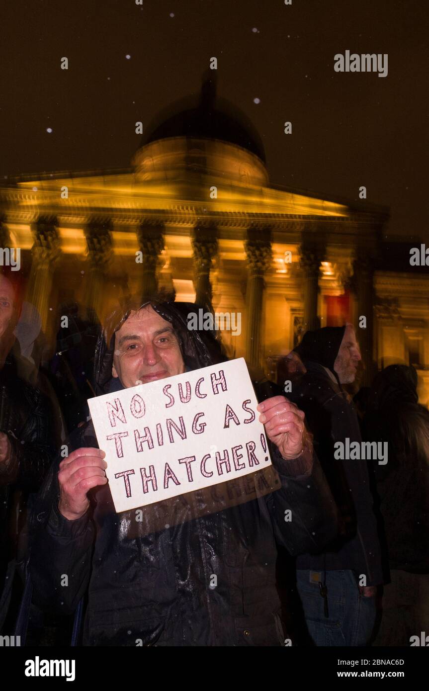 Anti Baroness Thatcher protests celebrating her death, Trafalgar Square ...