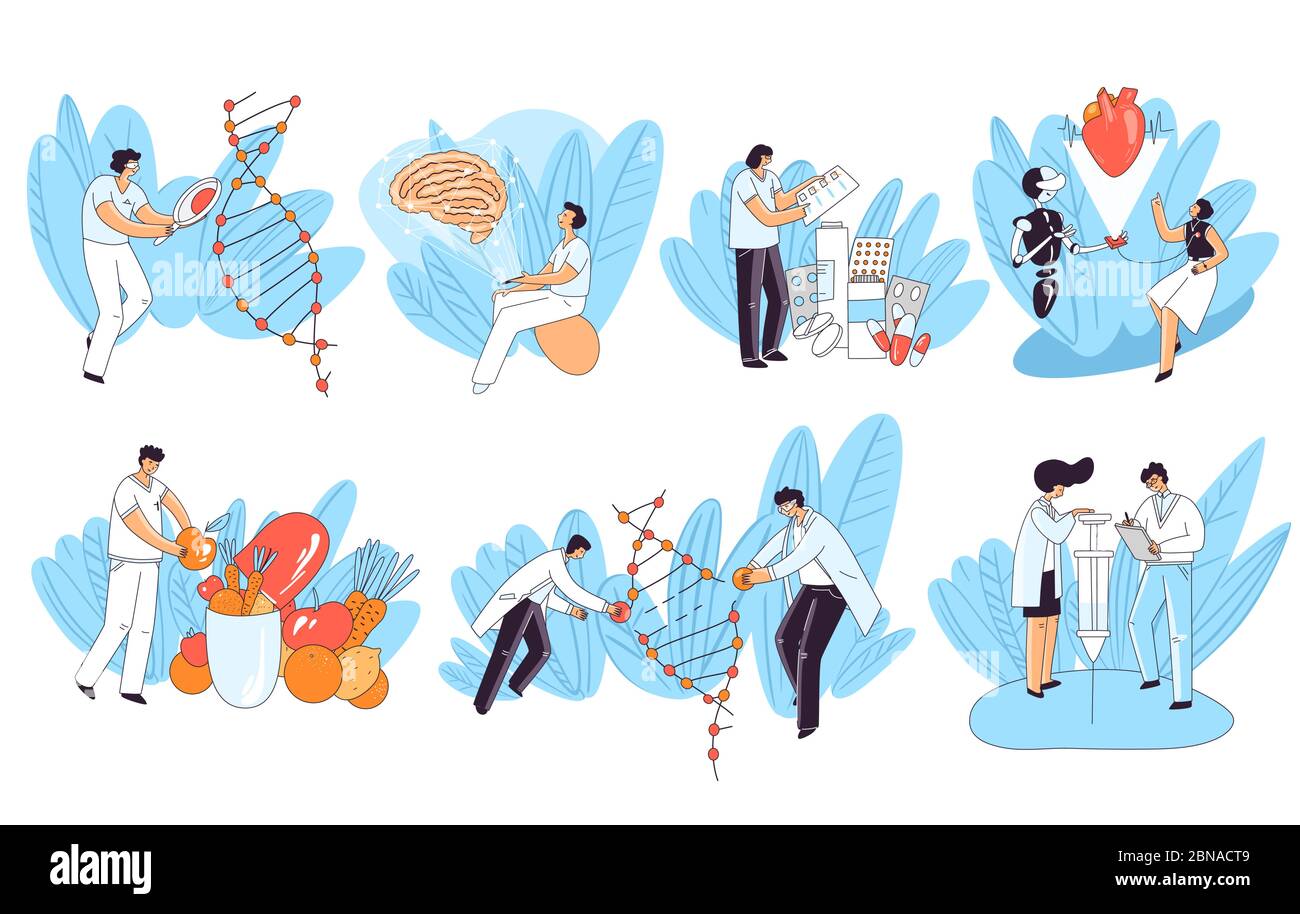 Set of vector illustration concept about human health, genetic research ...