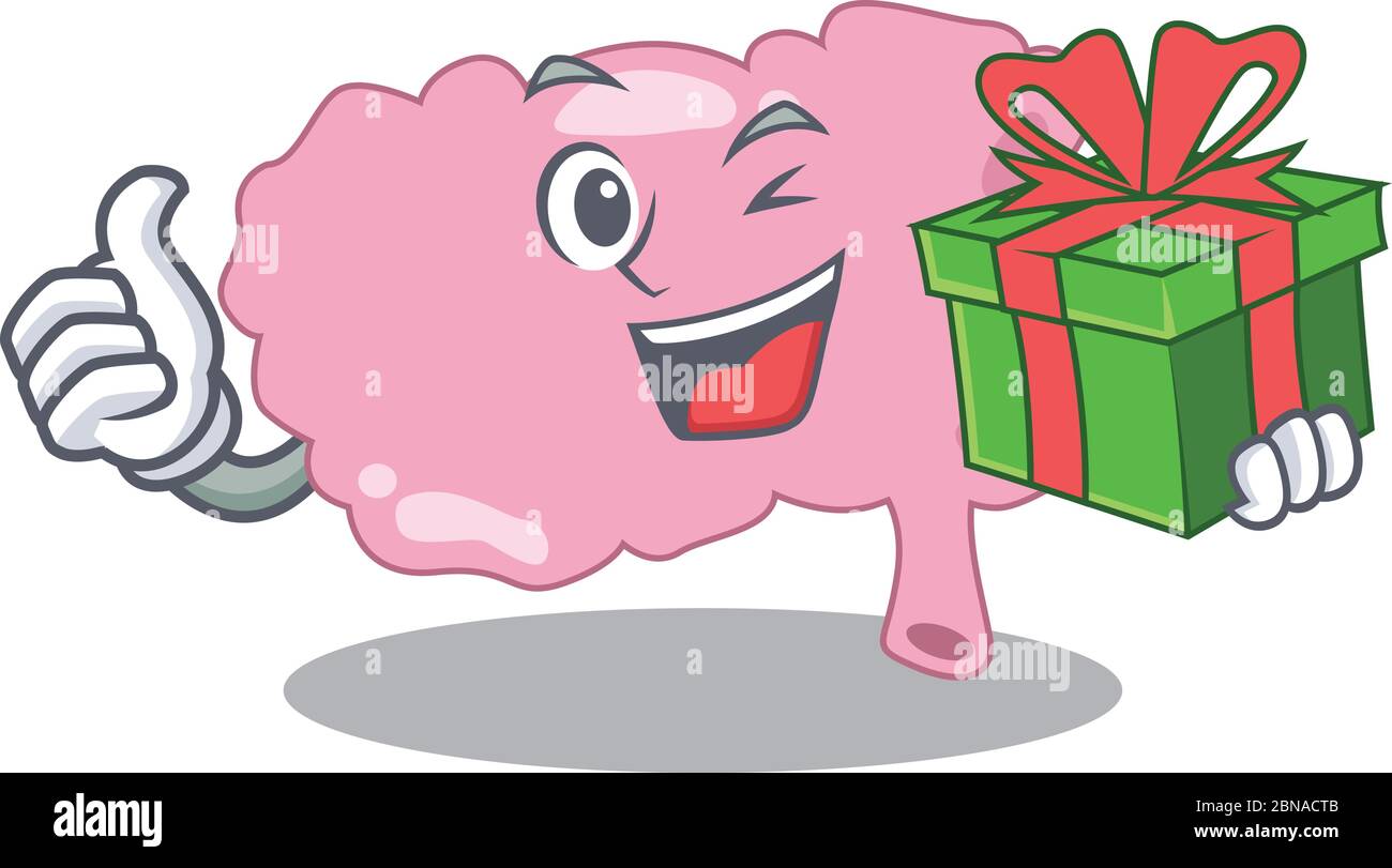 joyful brain cartoon character with a big gift box Stock Vector Image ...