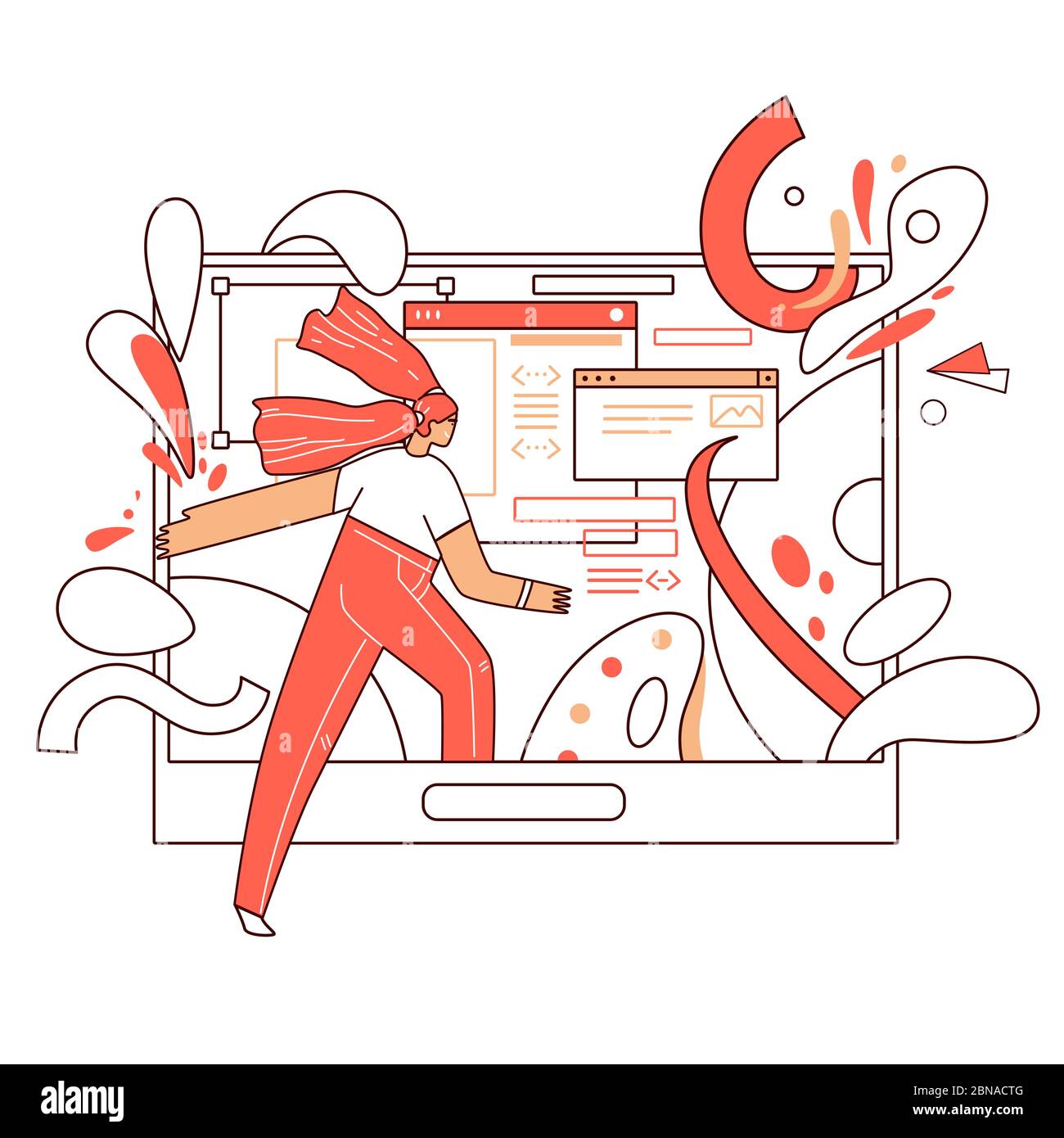 Online education vector flat concept - curious girl walking inside a ...