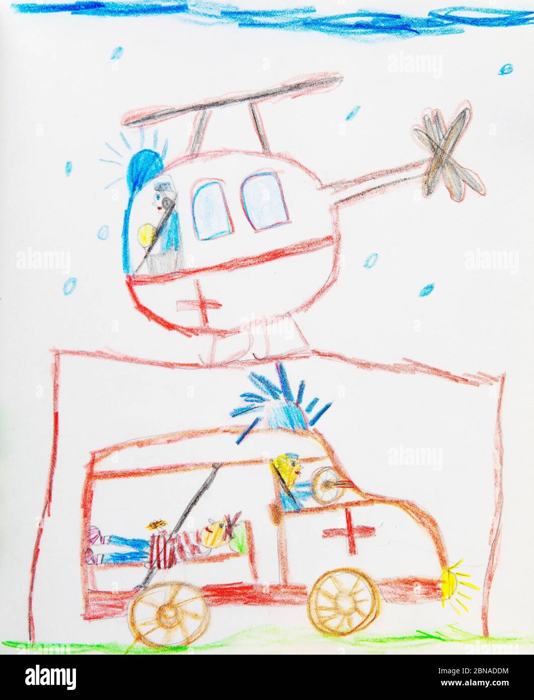 Rescue helicopter and ambulance in action, illustration, children's ...