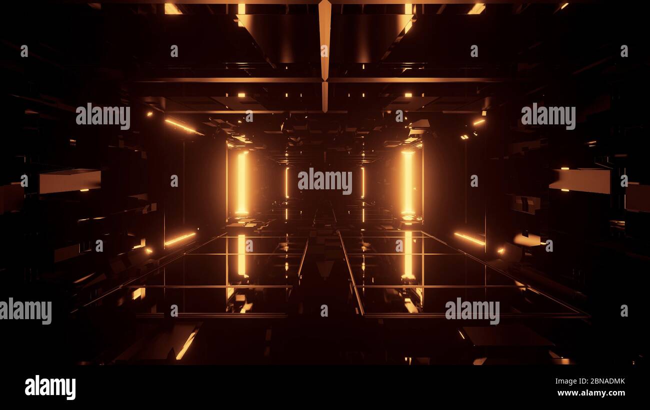 3D rendering of a rectangular hallway made up of dark gold lights Stock ...