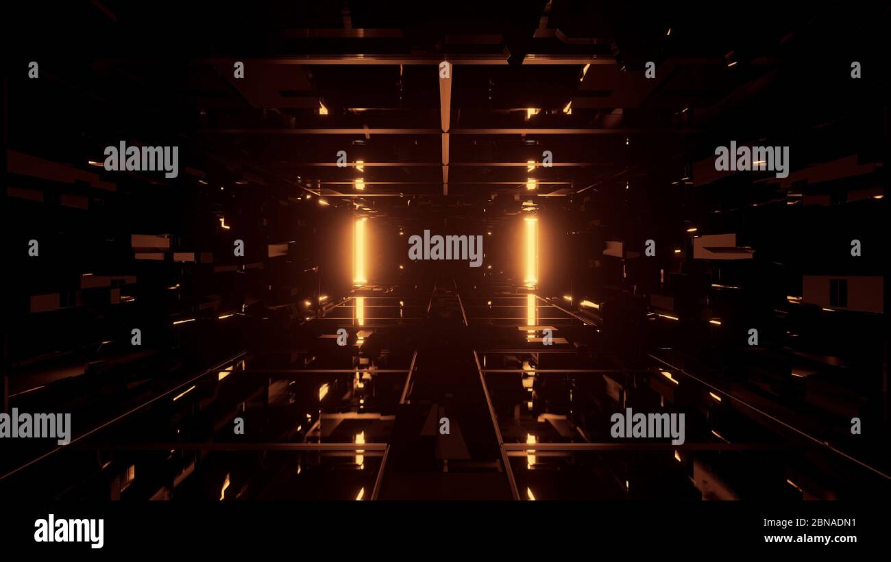 3D rendering of a rectangular hallway made up of dark gold lights Stock ...