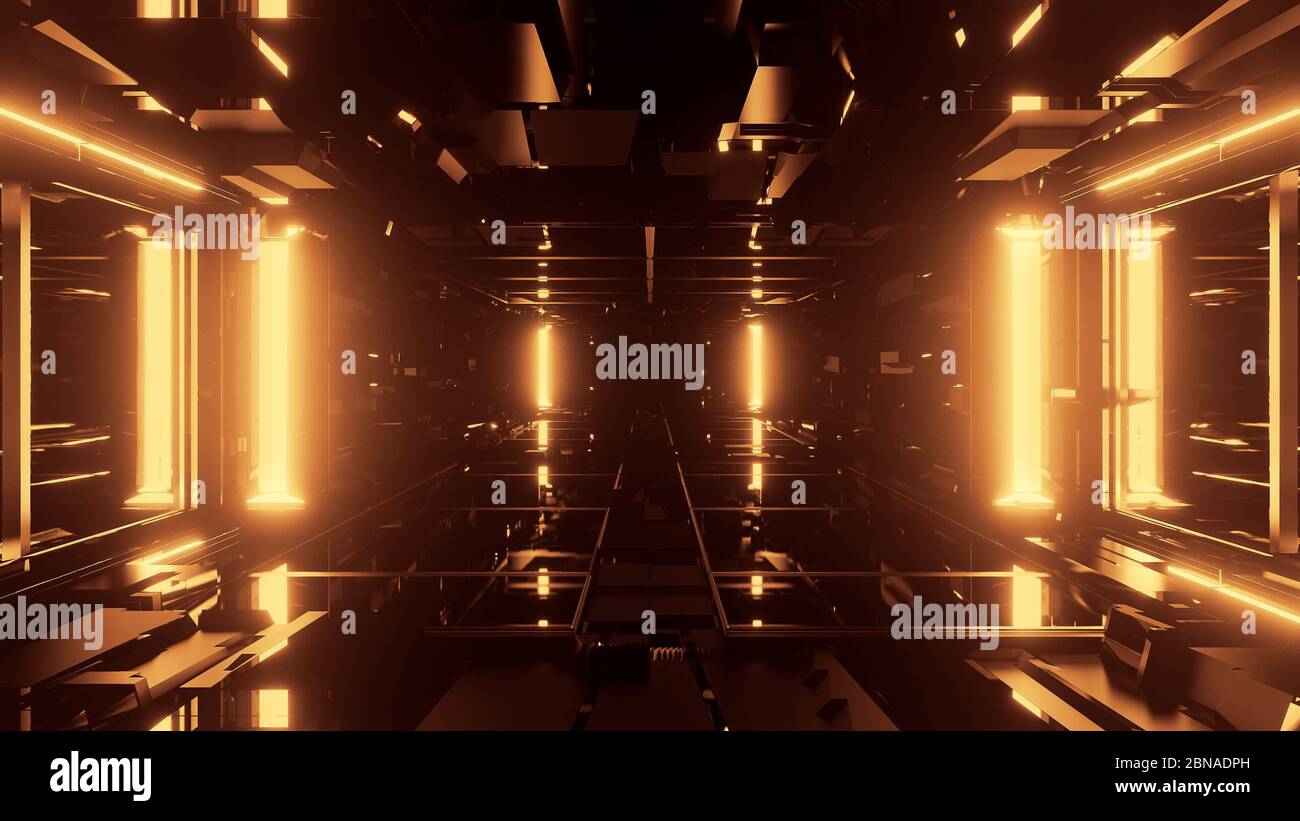 3D rendering of a rectangular hallway made up of dark gold lights Stock ...