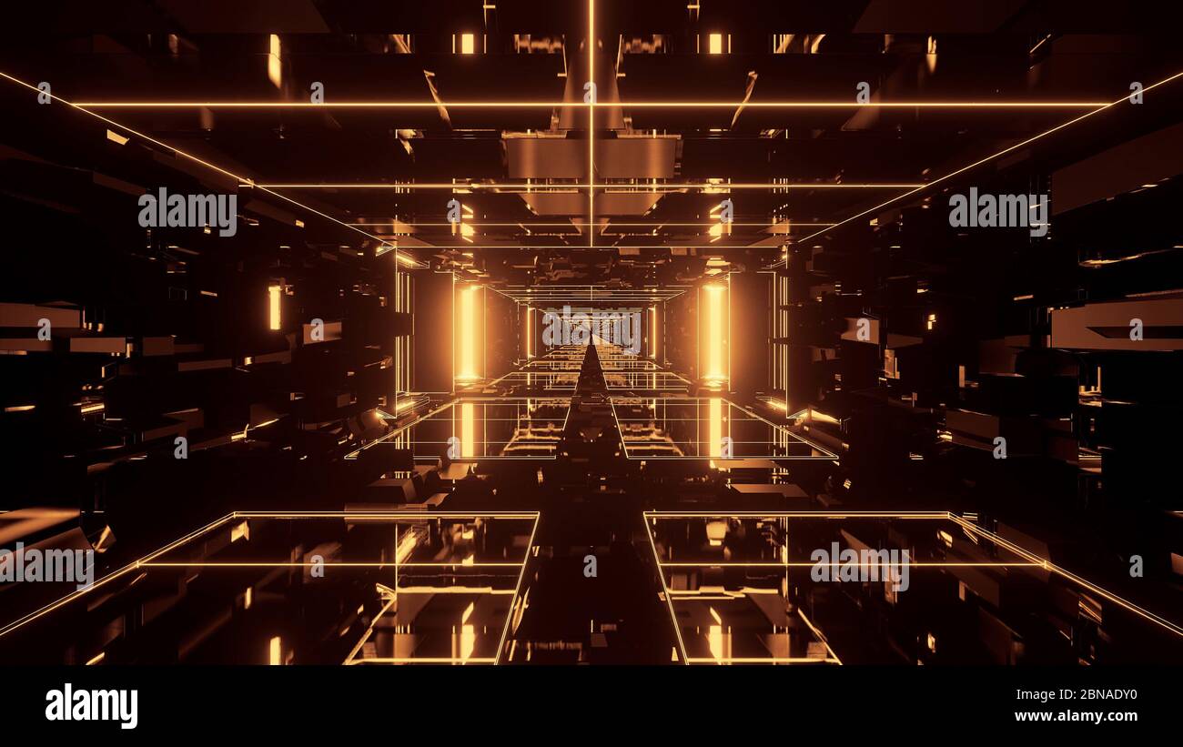 3D rendering of a rectangular hallway made up of gold lights Stock ...