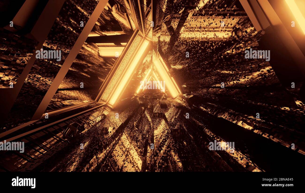 3D rendering of a trippy triangular hallway made up of gold lights ...
