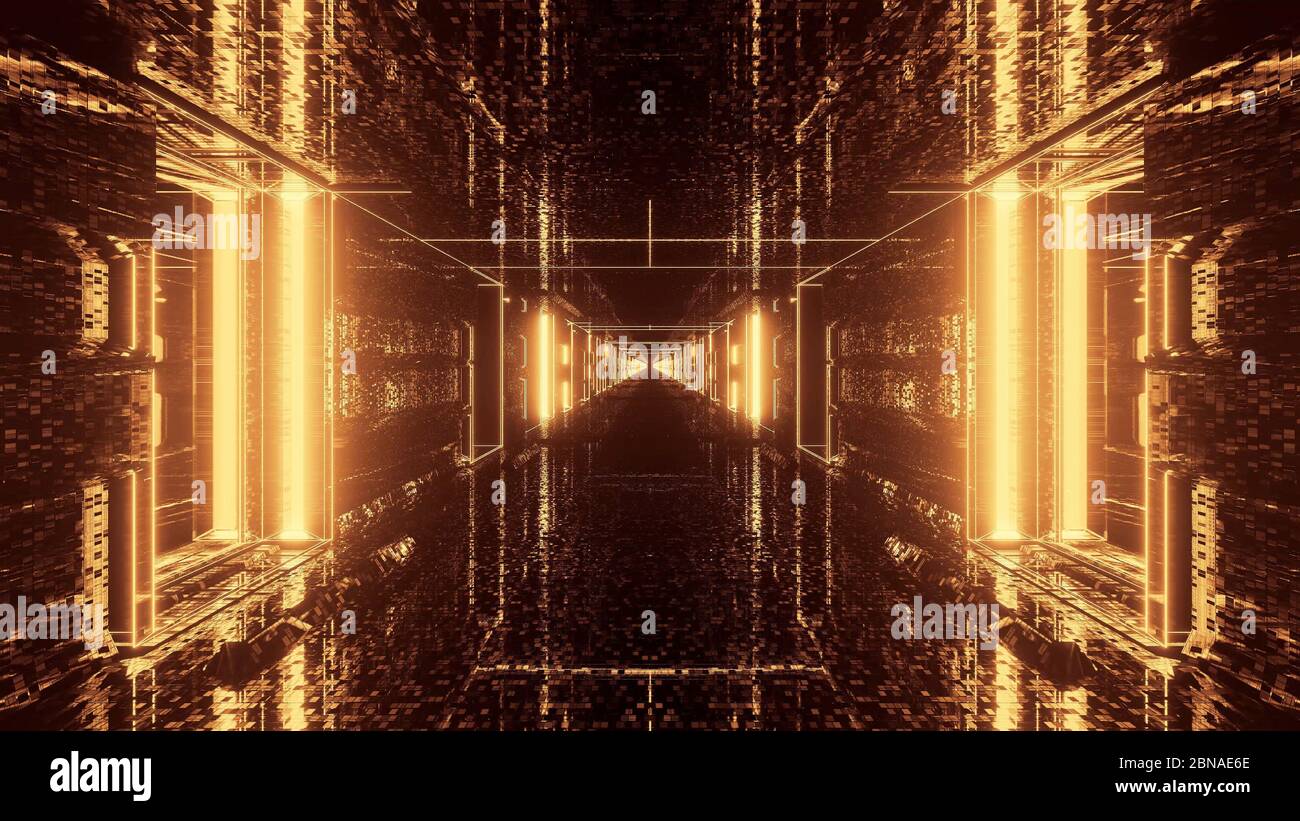 3D rendering of a trippy rectangular hallway made up of gold lights ...
