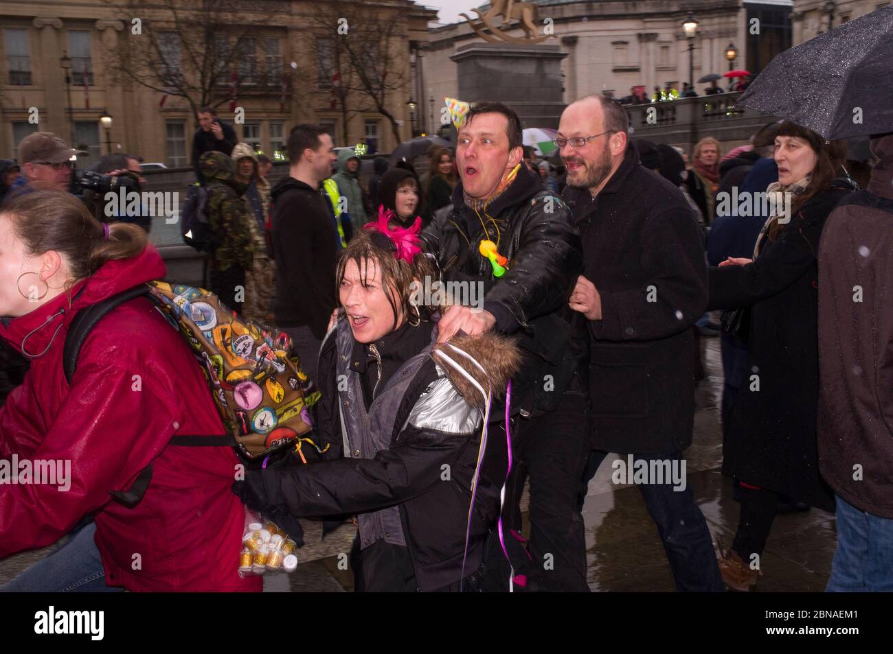 Anti Baroness Thatcher protests celebrating her death, Trafalgar Square ...