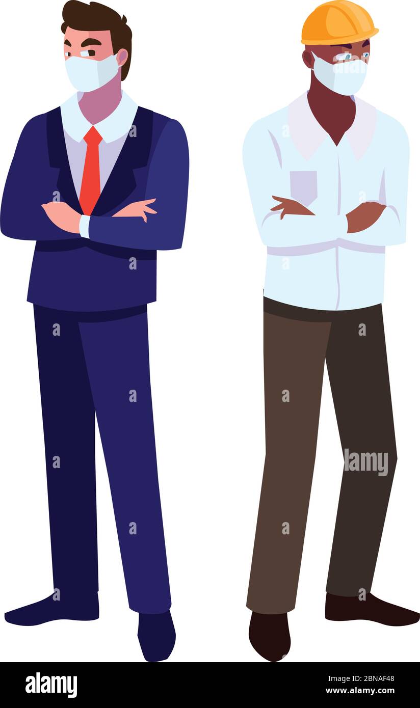 men engineer and executive with mask and helmet vector illustration ...