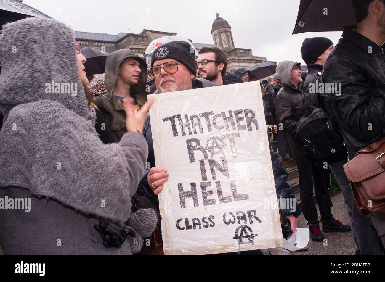 Anti Baroness Thatcher protests celebrating her death, Trafalgar Square ...