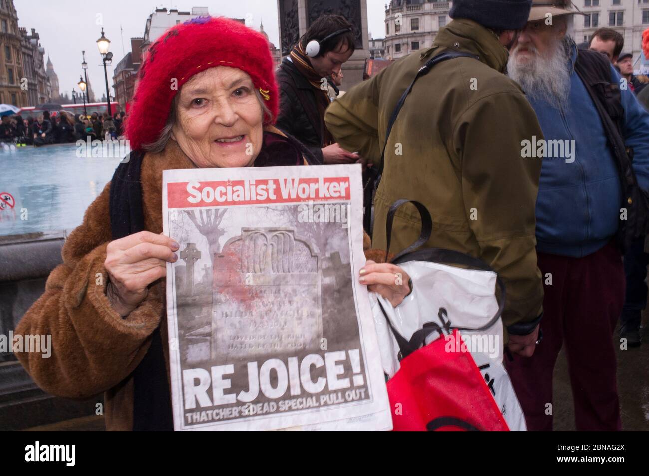 Anti Baroness Thatcher protests celebrating her death, Trafalgar Square ...