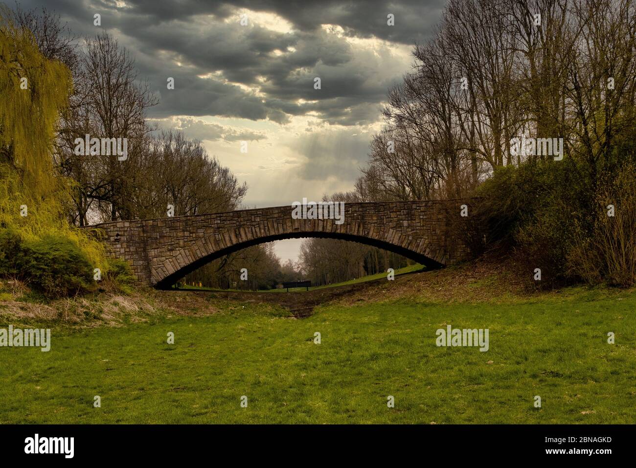 Mesmerizing view of a bridge with an arch in the green field surrounded ...