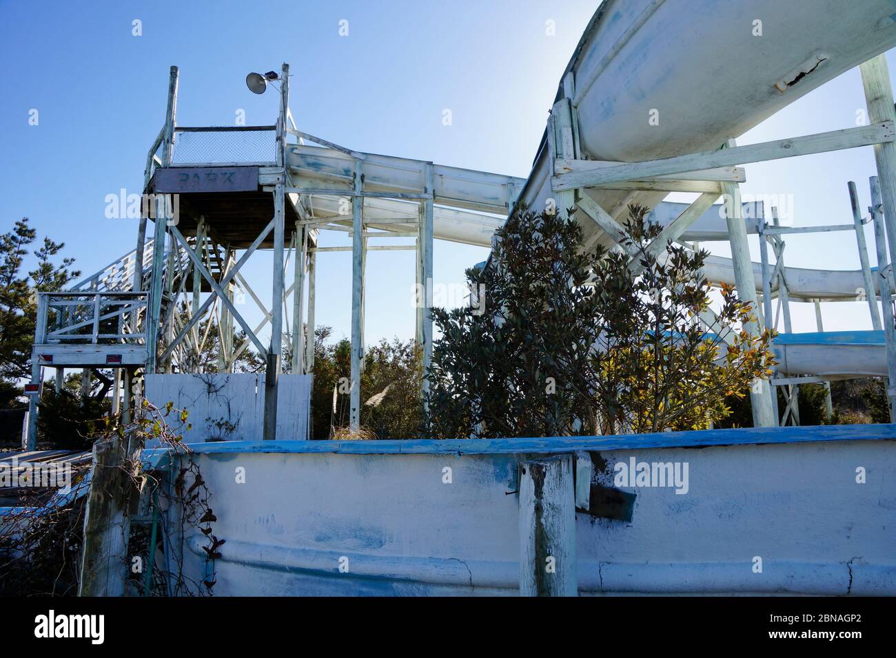 Old blue abandoned water slide Stock Photo - Alamy