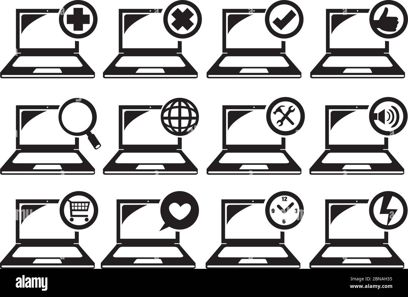 Vector illustration of computer laptop icons with different functions ...