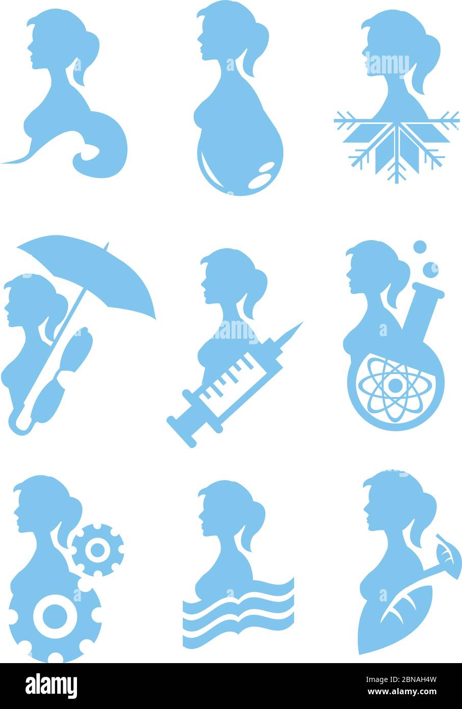 Silhouette of women side view with conceptual symbols. Vector icon set ...