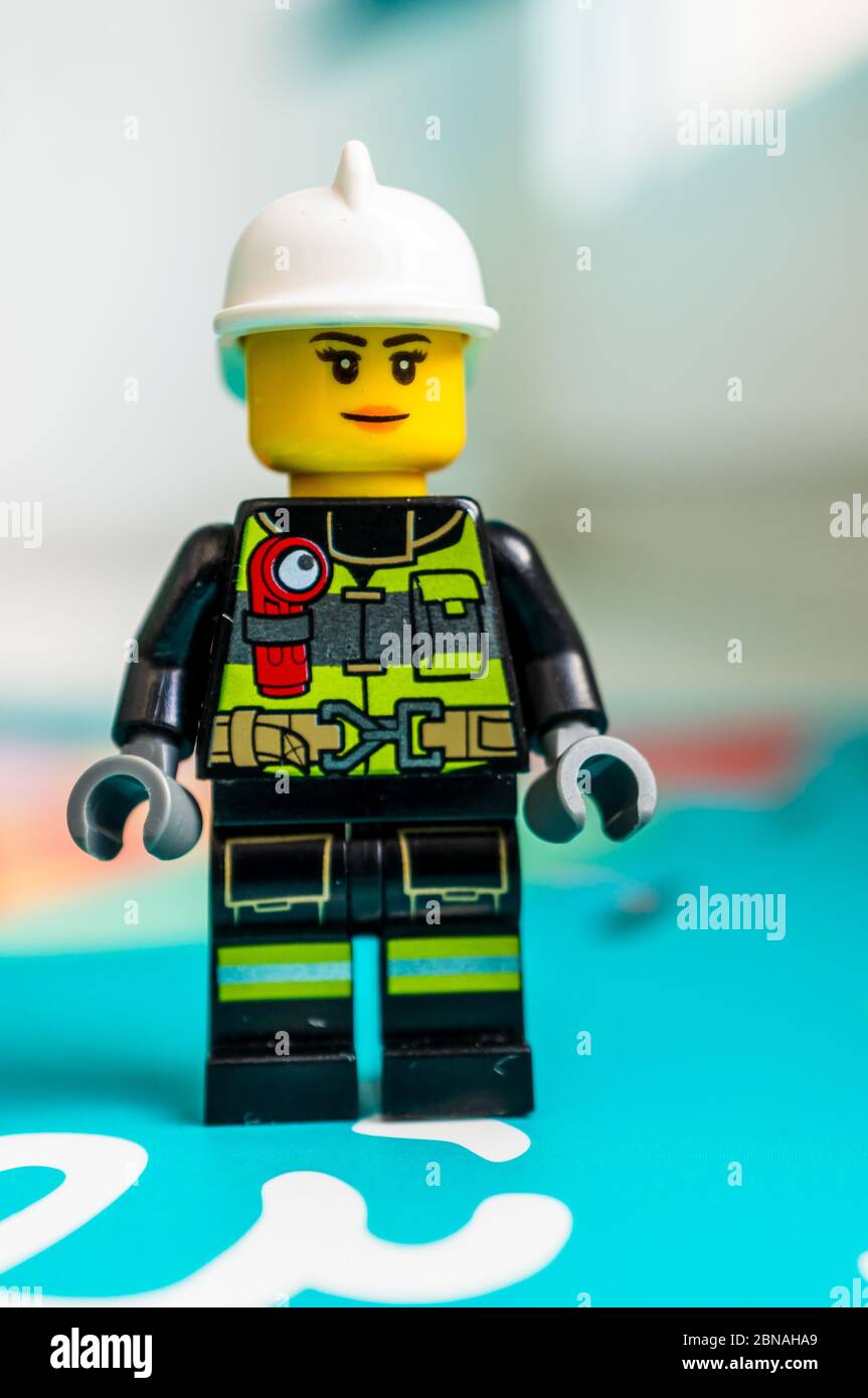 POZNAN, POLAND - Apr 13, 2020: Lego female fire fighter figurine with ...