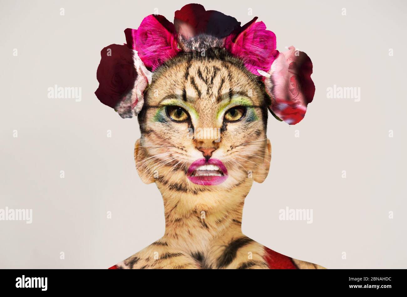 Creative shot of a female with a tiger mask and flowers in a studio ...