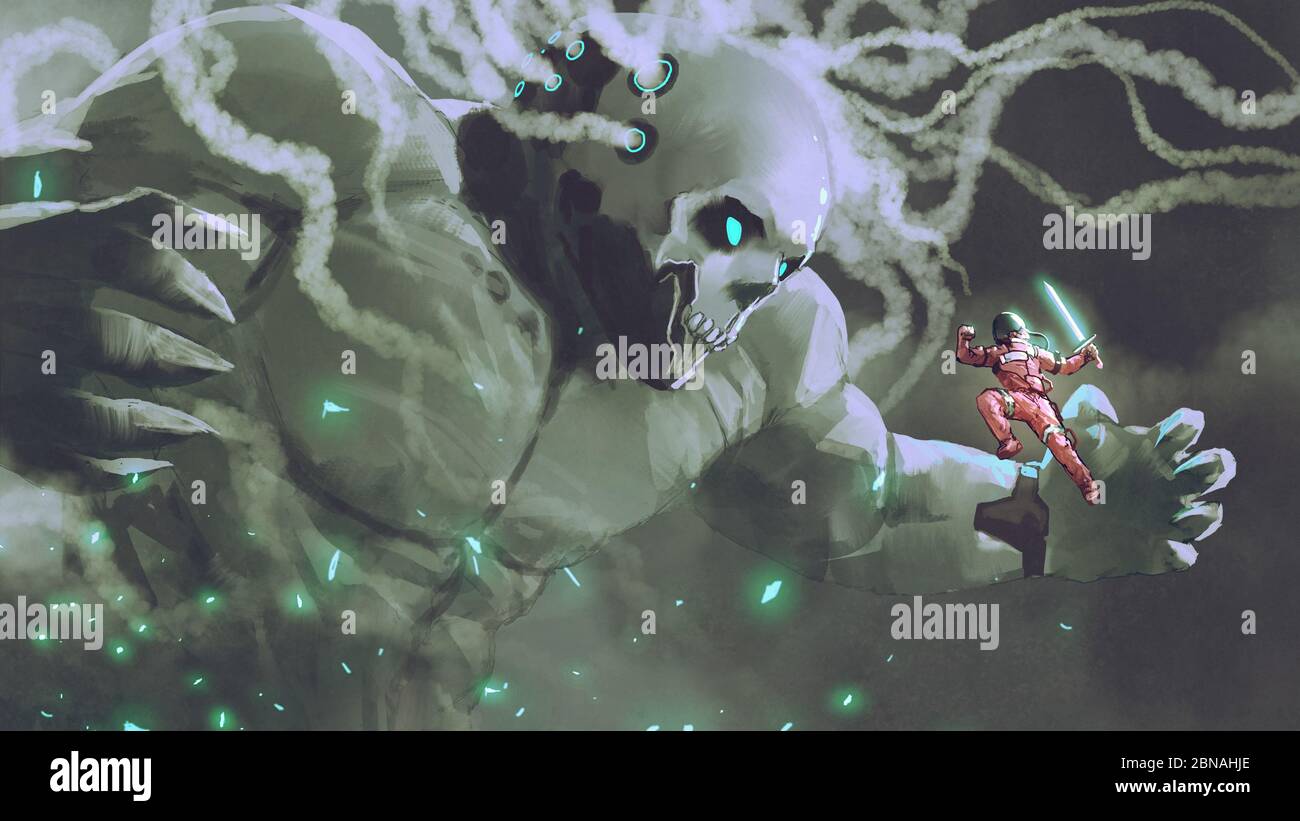 the red astronaut with light sword jumping into battle with the alien ...