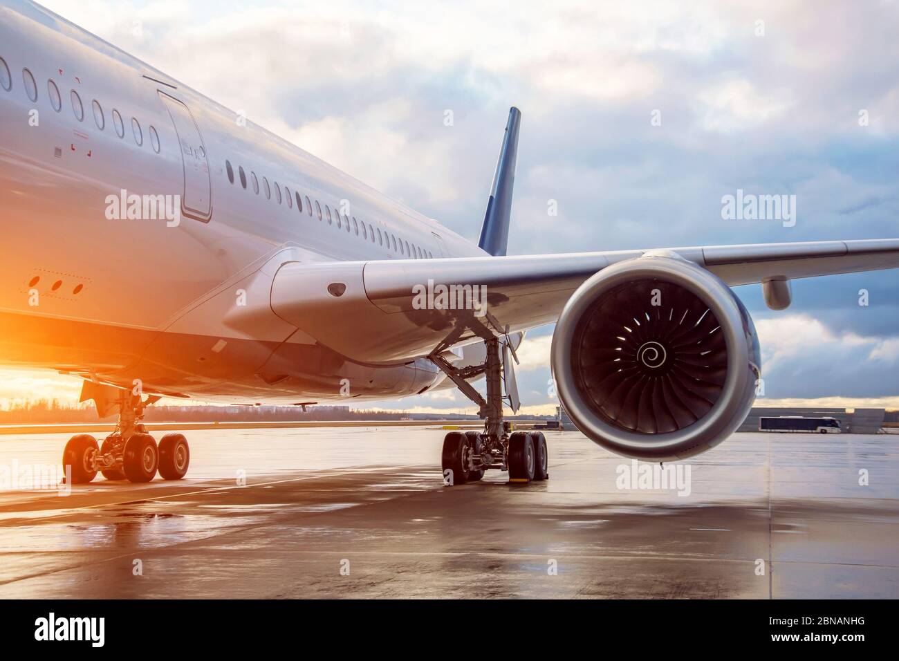 Fuselage of a passenger wide-body airliner, view of the landing gear of ...