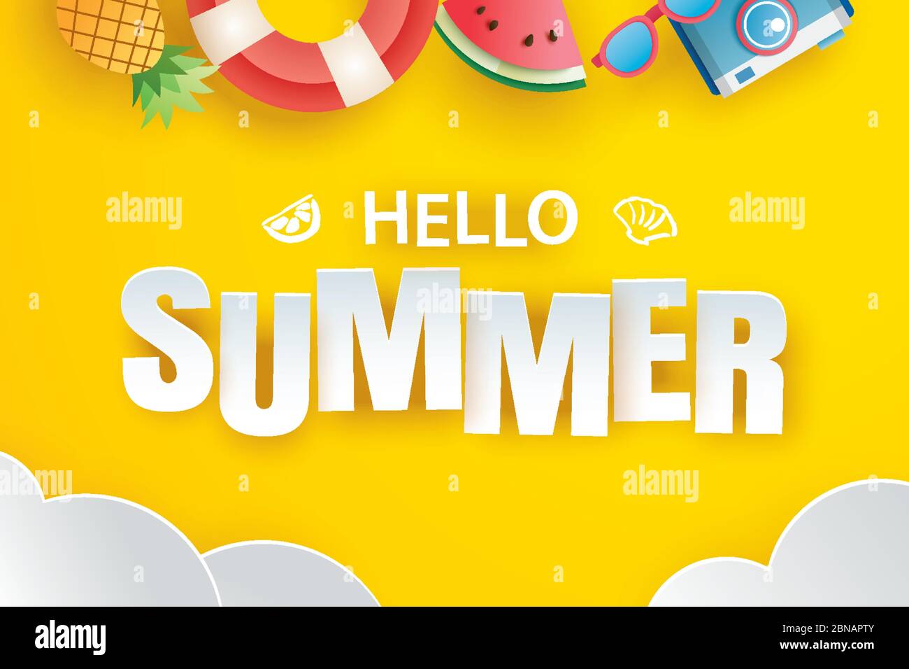 Hello summer with decoration origami hanging on yellow background ...