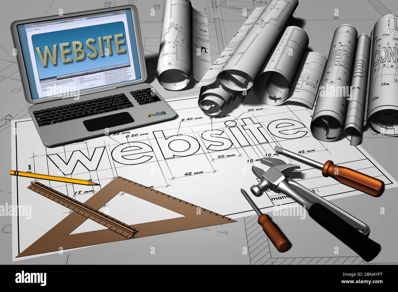 3D illustration. Project website. Drawings and tools for building ...