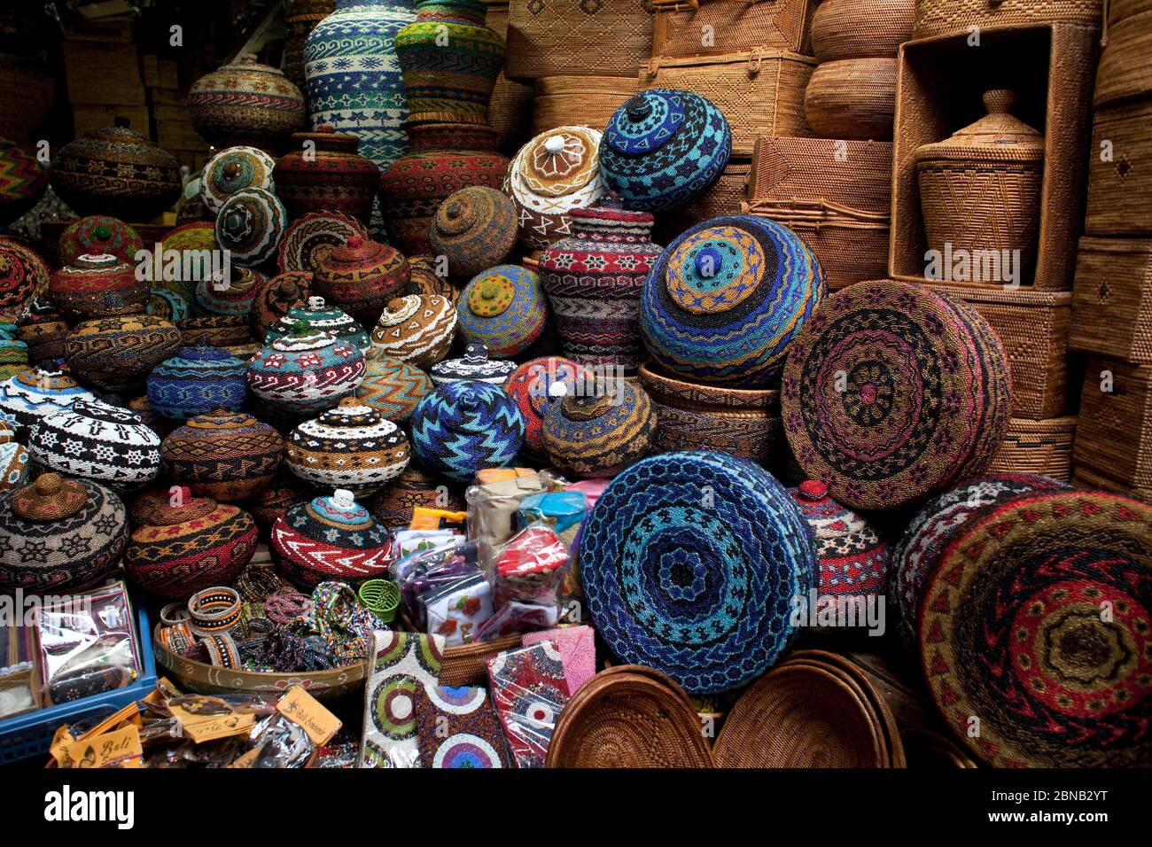 Horizontal view of a colorful wicker baskets stall in Pasar Seni (Art ...