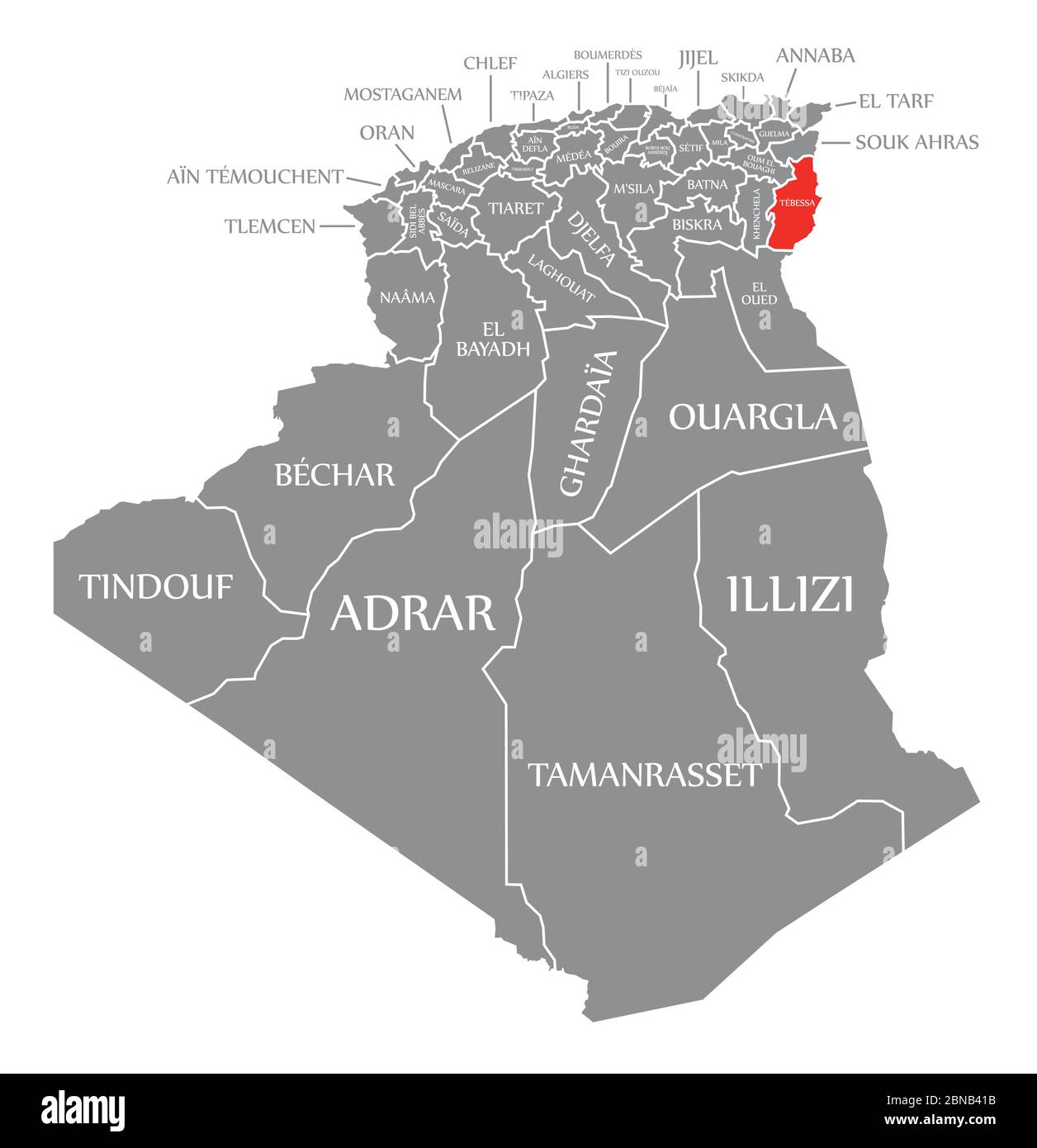 Tebessa red highlighted in map of Algeria Stock Vector Image & Art - Alamy