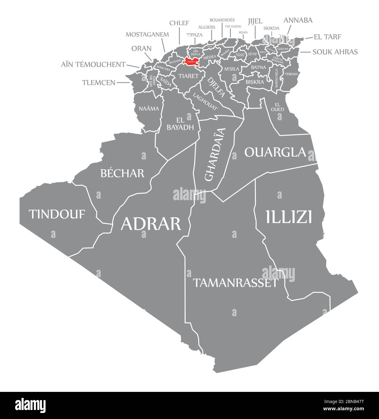Tissemsilt red highlighted in map of Algeria Stock Vector Image & Art ...