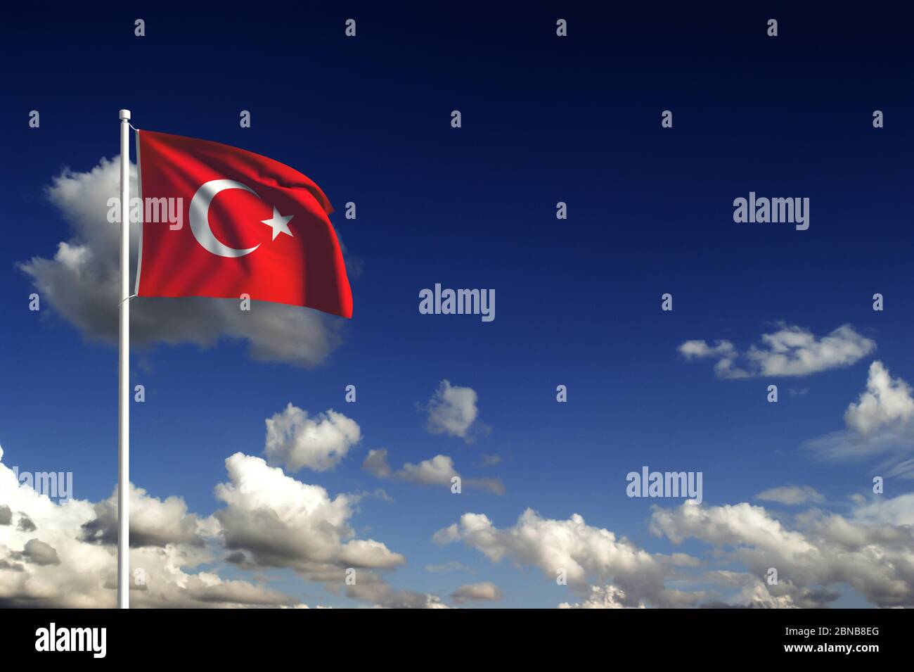 Turkish flag on a flag pole and blue cloudy sky. Turkish flag is with a ...