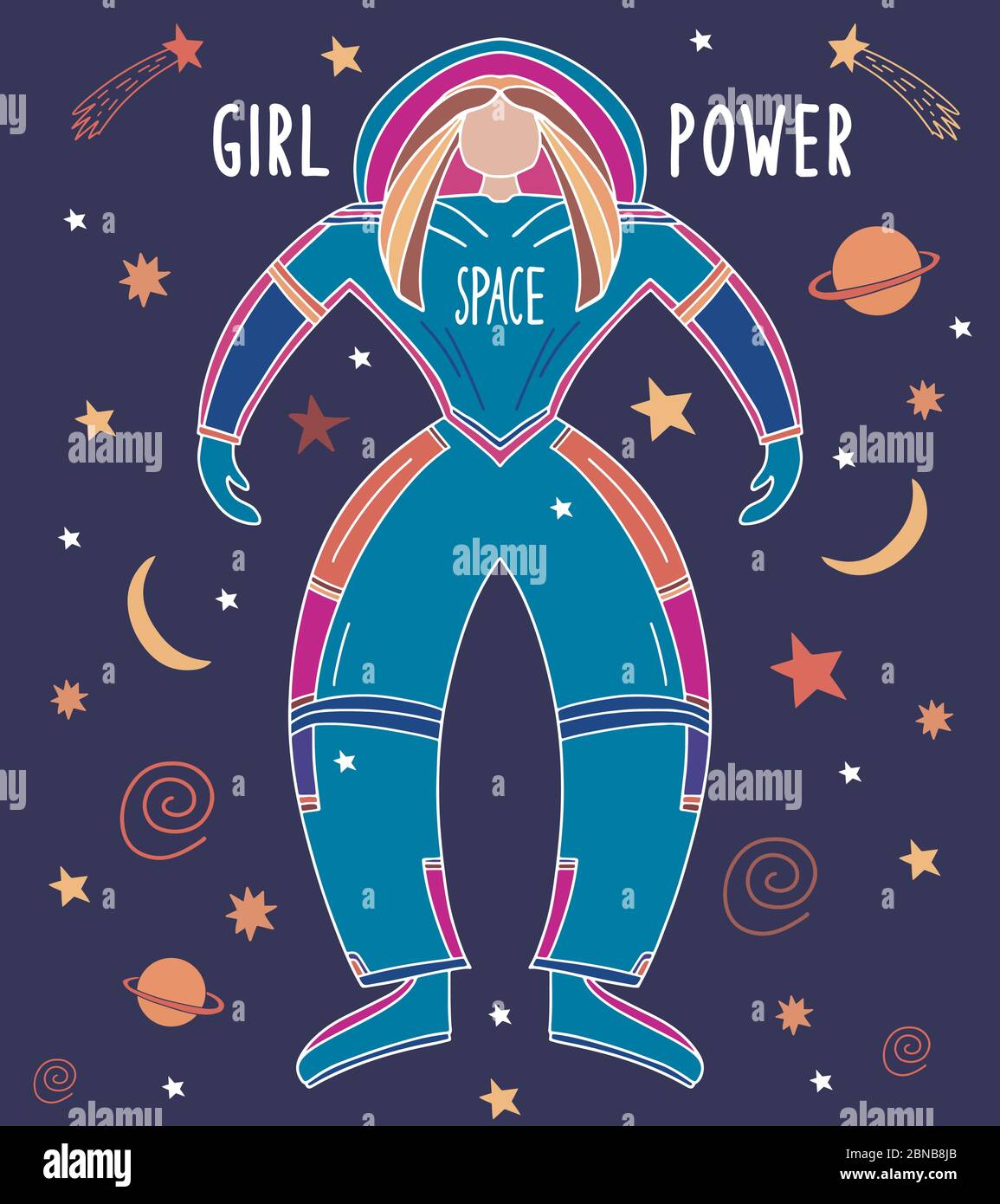 Girl astronaut in open space. Doodle stars, planets, comets on dark ...